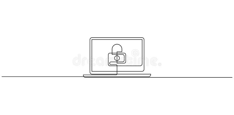 Continuous One Line Drawing of Laptop with Padlock on Screen. Personal ...