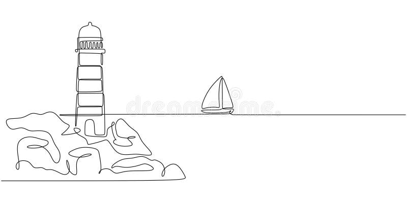 Continuous One Line Drawing of Lighthouse Tower with Ship. Castle Hill ...