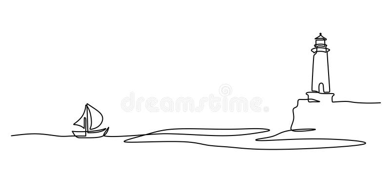 Continuous One Line Drawing of Lighthouse Tower with Ship. Castle Hill ...