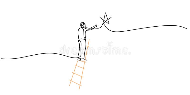 Continuous One Line Drawing Man Ladder Stars. Climbing Aspiration ...