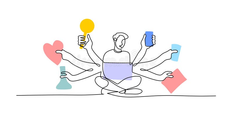 Continuous One Line Drawing of a Man with a Laptop Holding Many Task ...