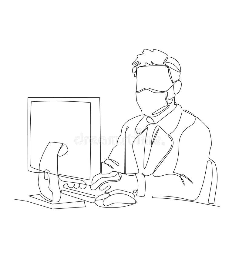 Continuous One Line Drawing of Smart Man with Laptop. Stock Vector ...