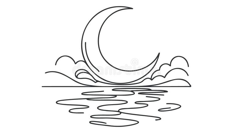 Continuous One Line Drawing. Moon, Sea, Vector Illustration Stock ...