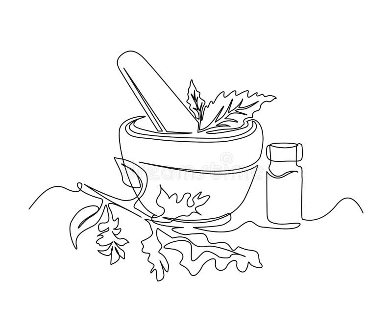 Continuous One Line Drawing of Mortar with Herbs . Simple Illustration ...