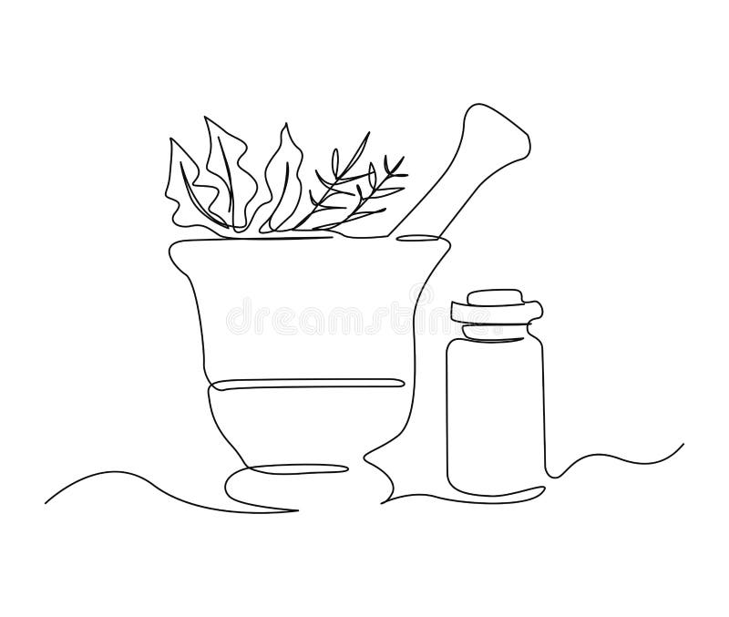 Continuous One Line Drawing of Mortar with Herbs . Simple Illustration ...