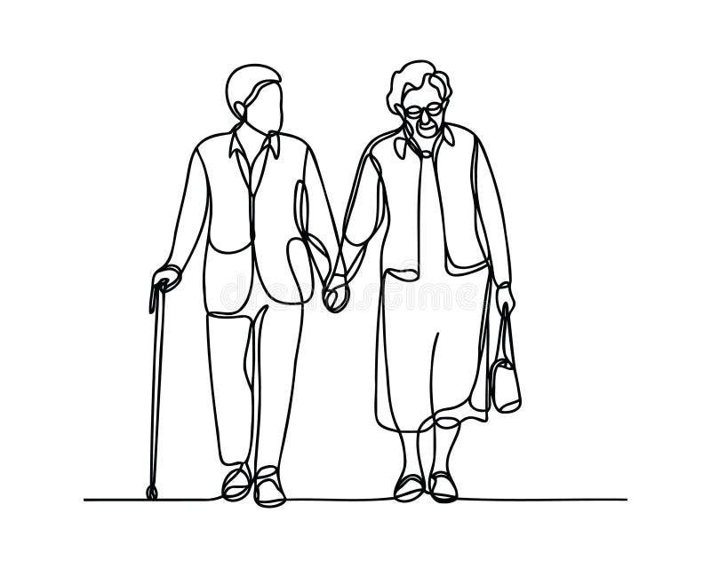 Continuous One Line Drawing Old Man and Old Woman Walking Stock Vector ...