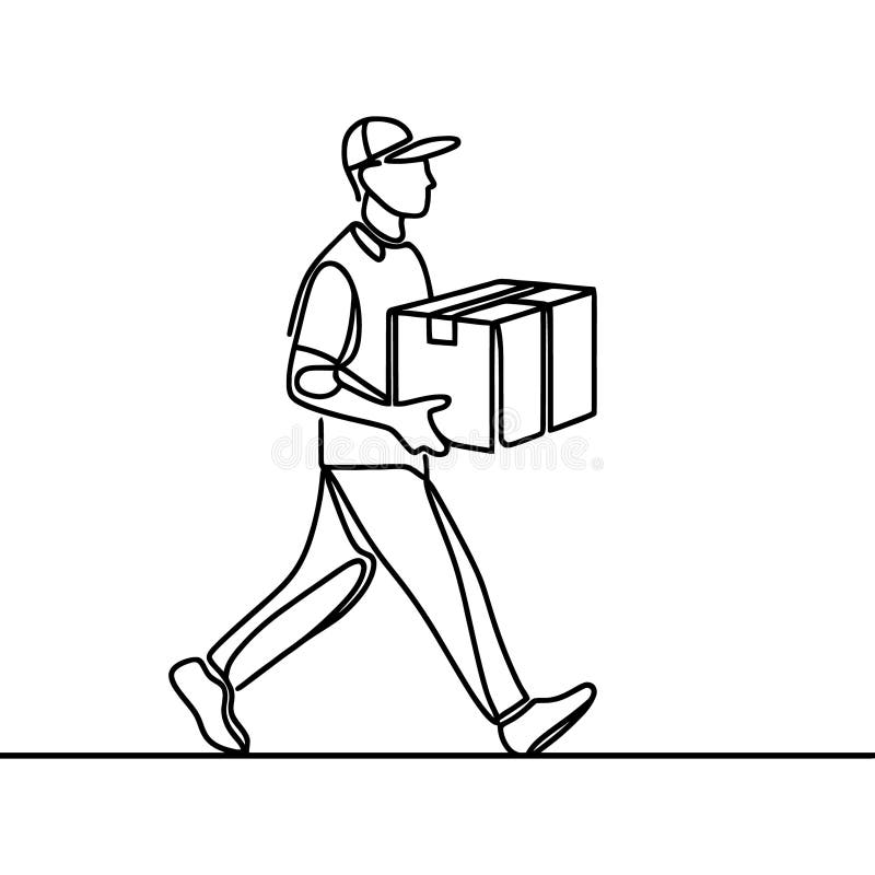 Continuous One Line Drawing of Parcel Delivery. Young Guy with a ...