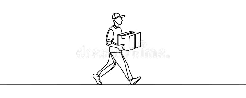 Continuous One Line Drawing of Parcel Delivery. Young Guy with a ...