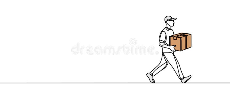 Continuous One Line Drawing of Parcel Delivery. Young Guy with a ...