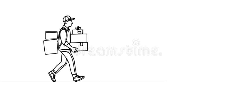 Continuous One Line Drawing of Parcel Delivery. Young Guy with a ...