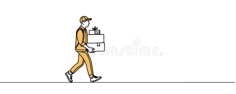 Continuous One Line Drawing of Parcel Delivery. Young Guy with a ...