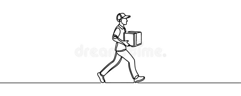 Continuous One Line Drawing of Parcel Delivery. Young Guy with a ...