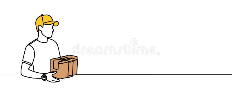 Continuous One Line Drawing of Parcel Delivery. Young Guy with a ...