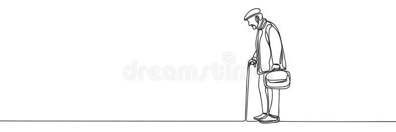Continuous One Line Drawing of a Senior Man with a Stick. Minimal ...