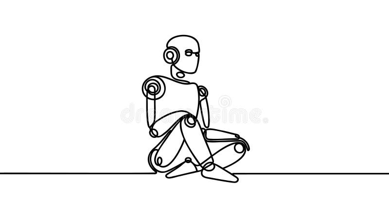 Continuous One Line Drawing Sitting Robot. Metal Computer Man or ...