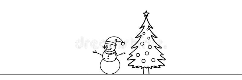 Continuous One Line Drawing of Snowman and Pine Tree or Christmas Tree ...