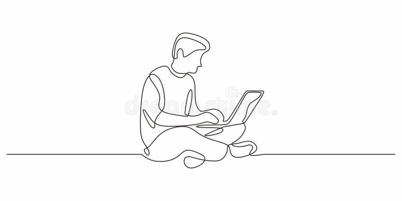 Continuous Line Drawing Man Focused Working Laptop. Minimalist Office ...