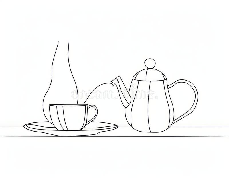 This is a Continuous One Line Drawing of a Teapot and Tea Cup. a Cup of ...