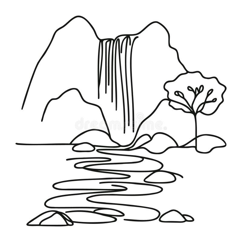 Continuous One Line Drawing of Waterfall and Lake. Vector Illustration ...