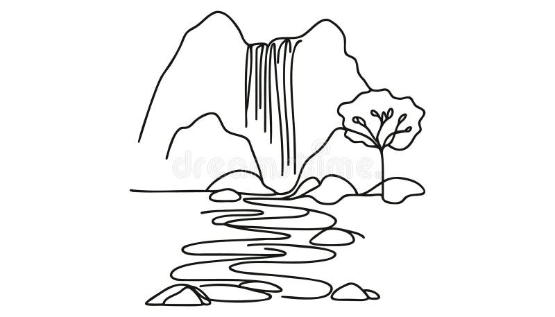 Continuous One Line Drawing of Waterfall and Lake. Vector Illustration ...