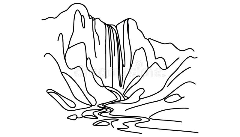 Continuous One Line Drawing of Waterfall and Lake. Vector Illustration ...