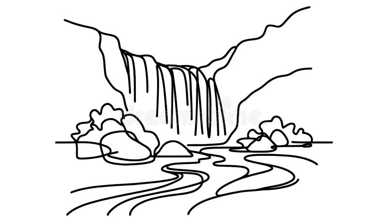 Continuous One Line Drawing of Waterfall and Lake. Vector Illustration ...