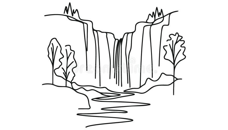 Continuous One Line Drawing of Waterfall and Lake. Vector Illustration ...