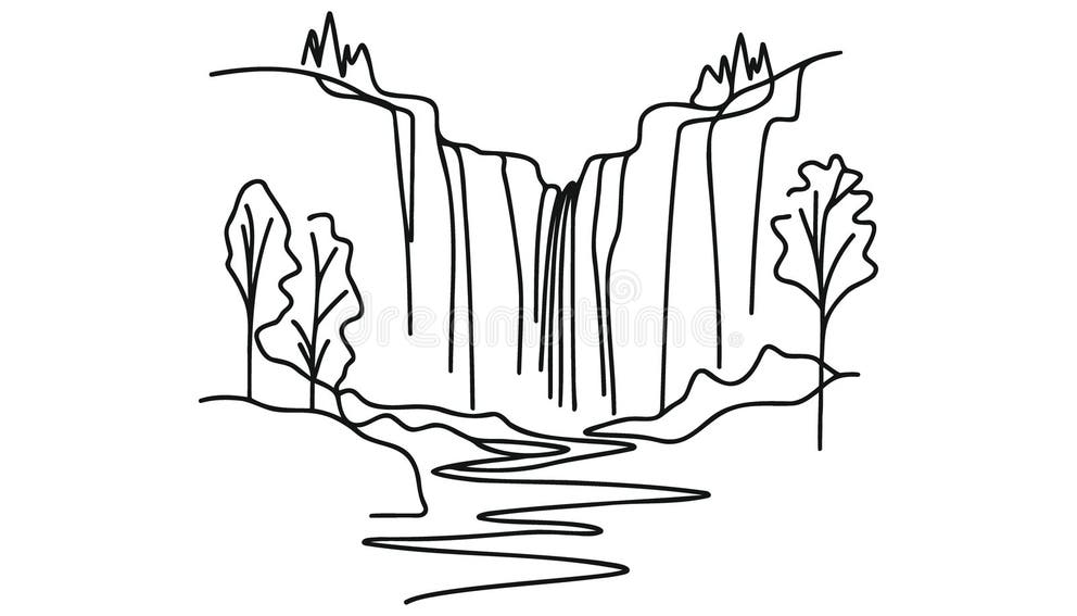 Continuous One Line Drawing of Waterfall and Lake. Vector Illustration ...