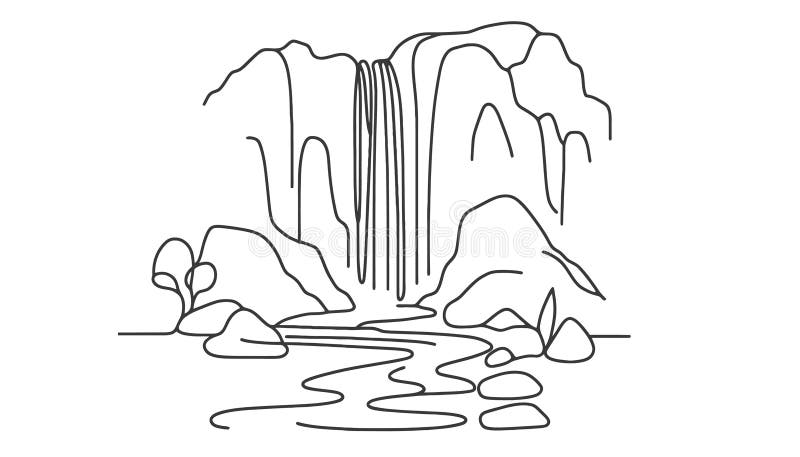 Continuous One Line Drawing of Waterfall and Lake. Vector Illustration ...