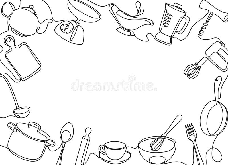 Continuous One Line Kitchen Frame. Cooking Utensils Banner Template ...