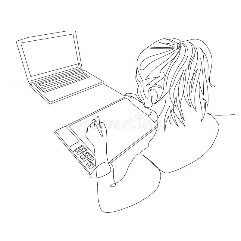 Continuous One Line Woman Drawing with Help Graphic Tablet and Notebook ...