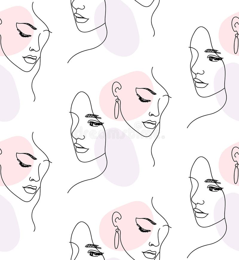 Continuous One Line Woman Face Portrait Seamless Pattern Stock Vector ...