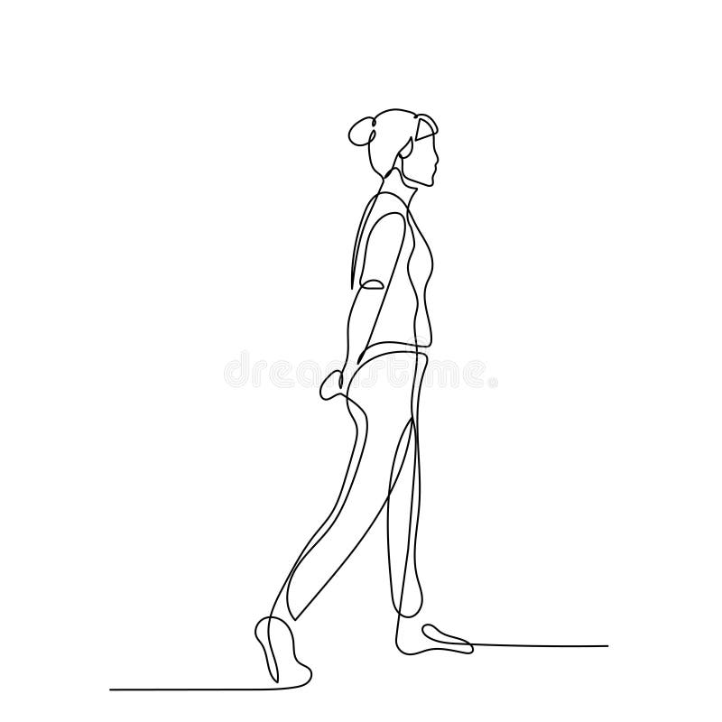 Continuous One Line Woman Walk with Hands Behind Her Back. Vector ...