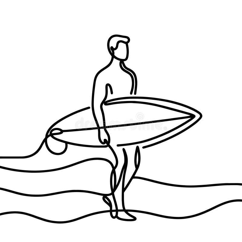 Continuous One Single Drawn Surfer Line on a Surfboard on the Crest of ...