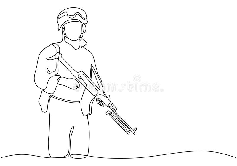 Continuous One Single Line Drawing of Soldier with Weapon Stock Vector ...