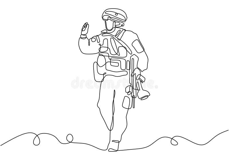 Continuous One Single Line Drawing of Soldier with Weapon Stock Vector ...