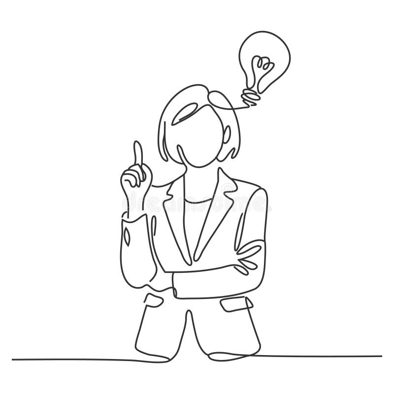 Continuous One Single Line Drawing Young Smart Female and Light Bulb ...