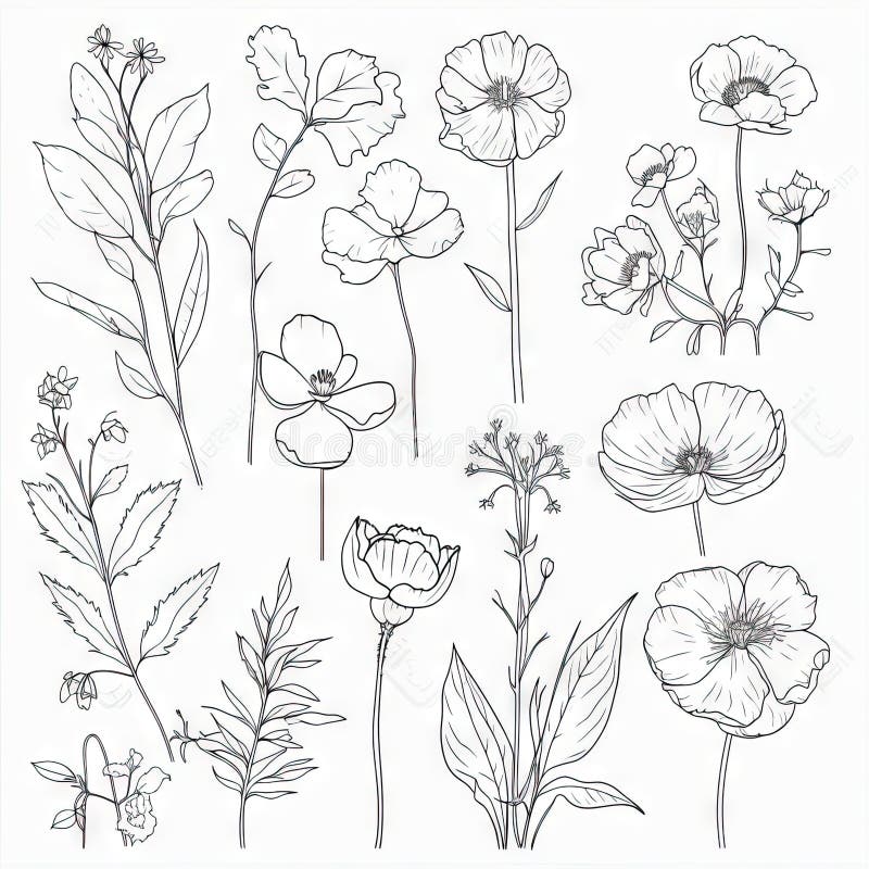 Continuous Outline Style Flower Decoration for Botanical Designs. Stock ...