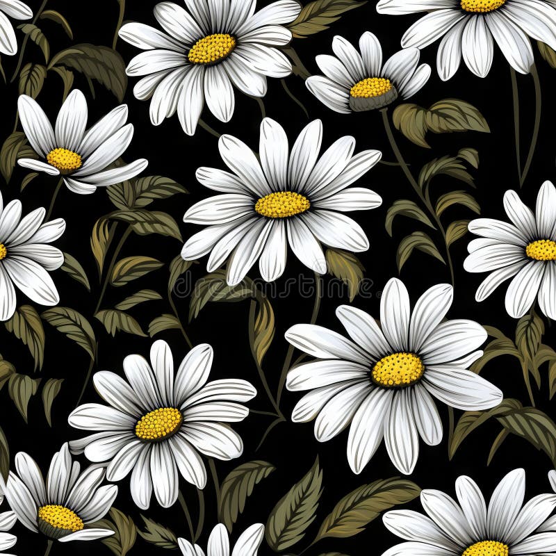 Continuous Pattern of Black and White Line Art Daisies AI Generated ...