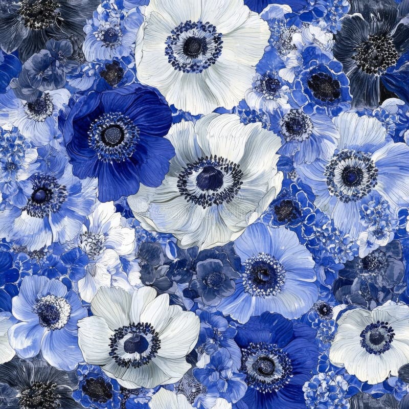 A Continuous Pattern Displaying Complex Blue and White Floral Motifs ...