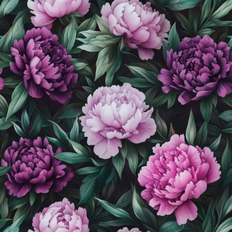 A Continuous Pattern Featuring Various White and Blue Peony Flowers and ...