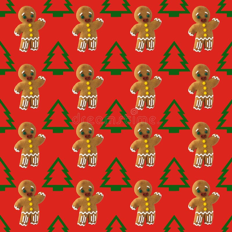Continuous Pattern of a Gingerbread Man and a Christmas Tree on a Red ...