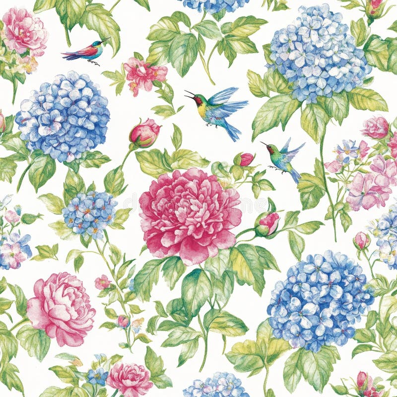 A Continuous Pattern of Ranunculus Flowers and a Hummingbird, Suitable ...