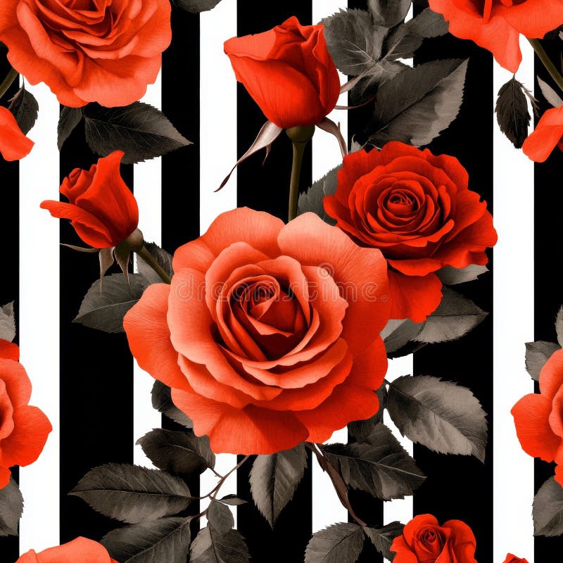 A Continuous Pattern of Red Roses Combined with Horizontal Stripes Stock Photo - Image of fabric ...