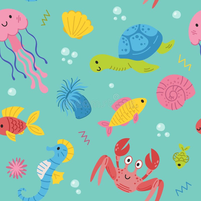 Continuous Pattern of Sea Life. Sea Creatures. Jellyfish, Fish ...