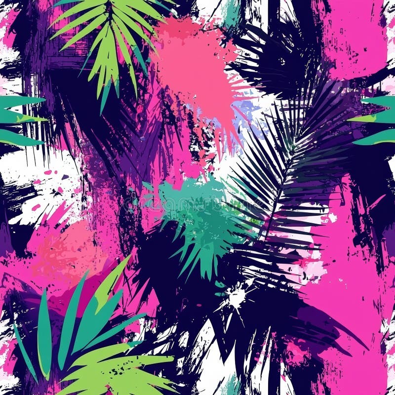 A Continuous Pattern of Tropical Leaves with a Hand-drawn, Grunge ...