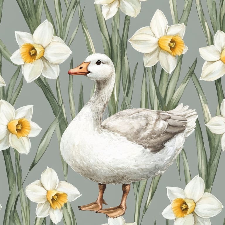 A Continuous Pattern with Watercolor Illustrations of Geese and Spring ...