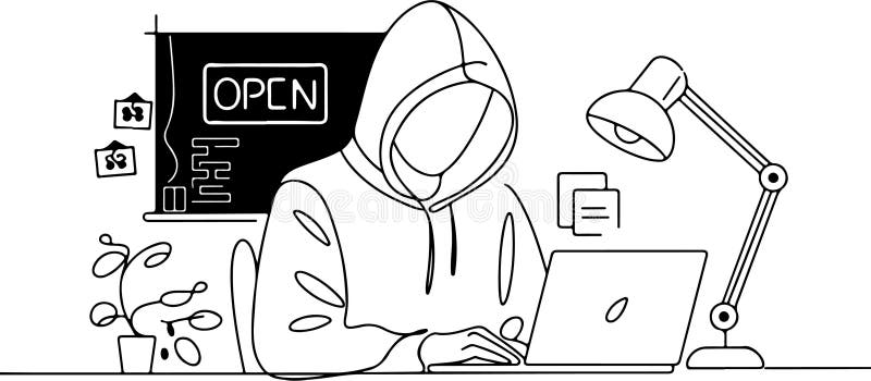 Continuous Single Line Drawing of Computer Hacker Stereotype, Line Art ...