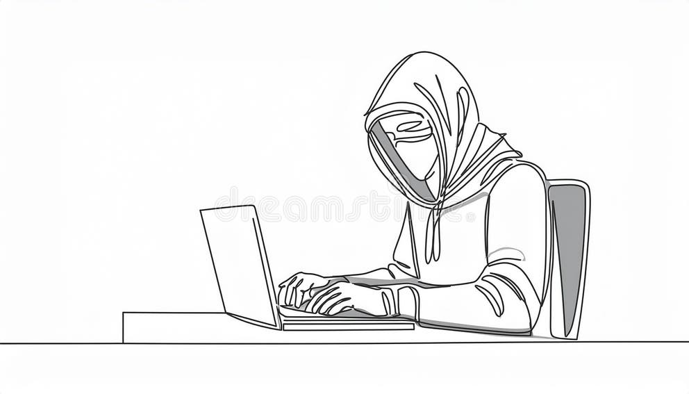Continuous Single Line Drawing of Computer Hacker Stereotype, Line Art ...