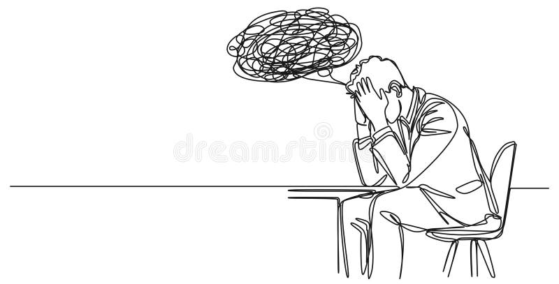 Single Line Drawing of Confused and Stressed Man Sitting at Table Stock ...
